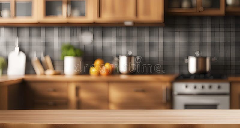 Empty Wooden Table and Blurred Kitchen Interior Background. Stock ...