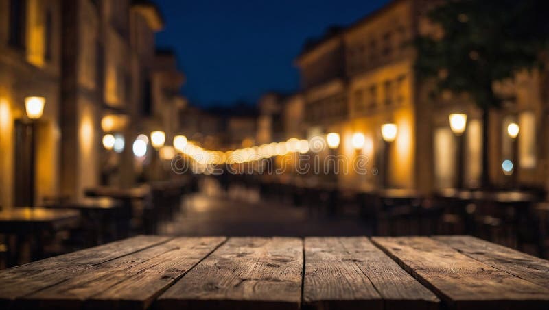 Empty Wooden Table with Blurred Night Street Lights in the Background ...