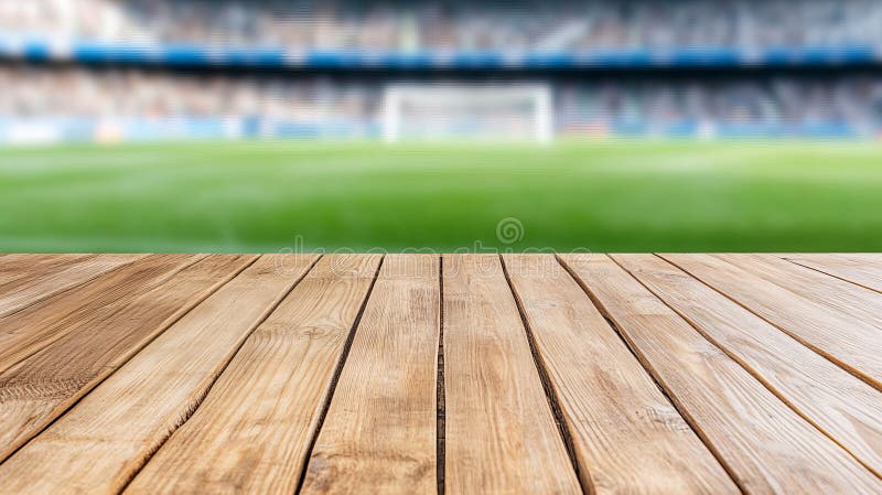 Empty Wooden Table with Blurred Soccer Stadium in Background Stock ...