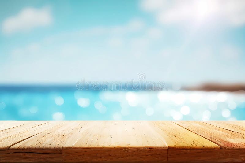Empty Wooden Table on Blurred Sparkling Blue Sea Background for Product ...