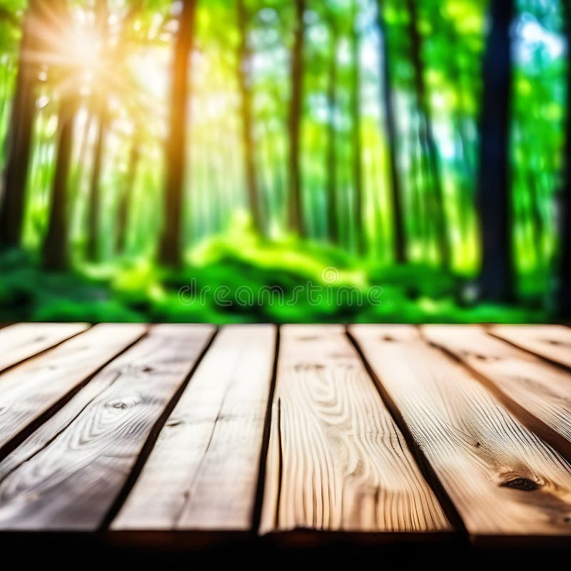 Empty Wooden Table, Blurred Summer Forest Background with Copy Space ...