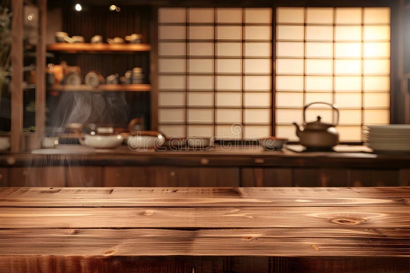 Empty Wooden Table Blurred Traditional Japanese Kitchen Stock ...