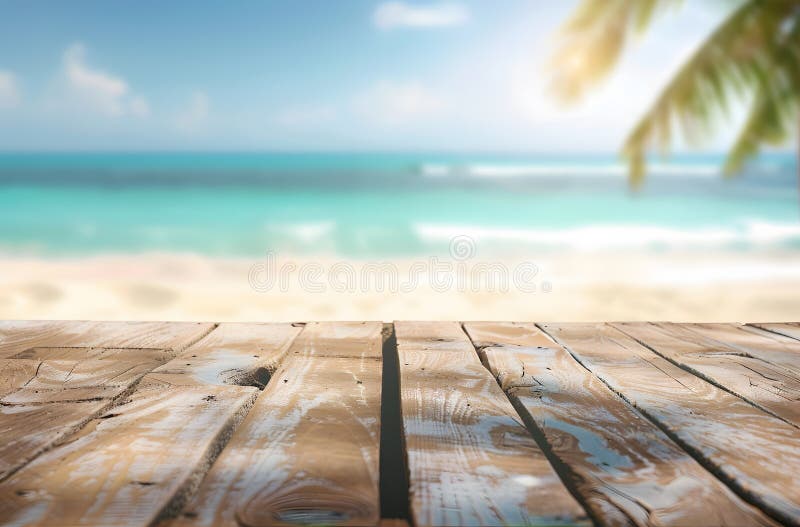 Empty Wooden Table with Blurred Tropical Beach - AI Generated Stock ...