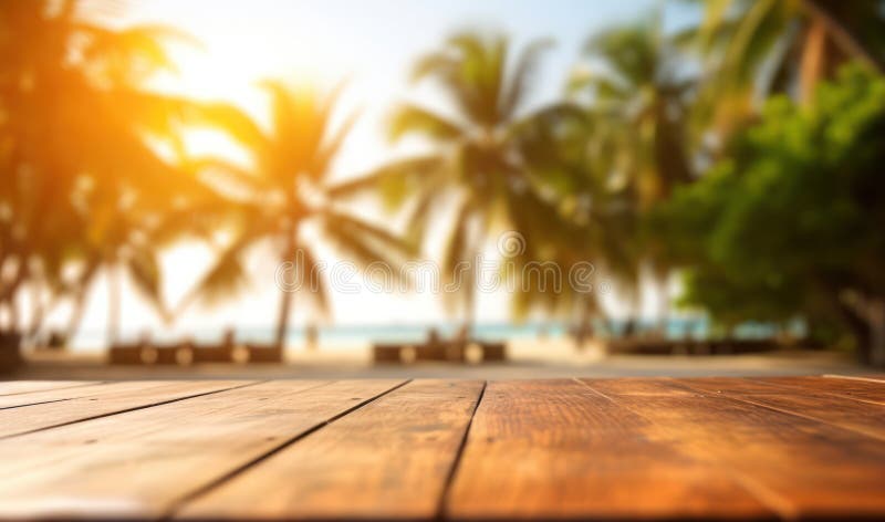 Empty Wooden Table on Blurred Tropical Beach Background Stock ...