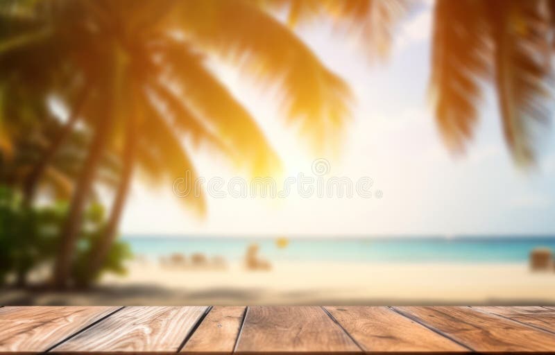 Empty Wooden Table on Blurred Tropical Beach Background Stock ...