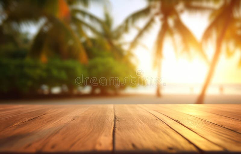 Empty Wooden Table on Blurred Tropical Beach Background Stock ...