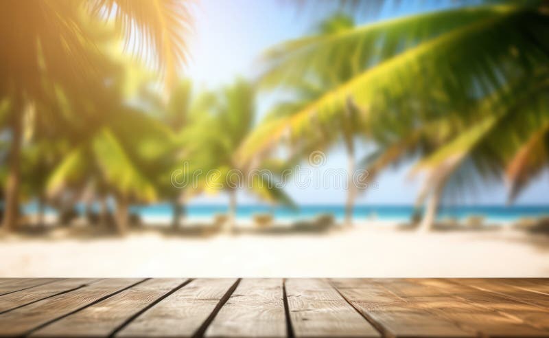 Empty Wooden Table on Blurred Tropical Beach Background Stock ...