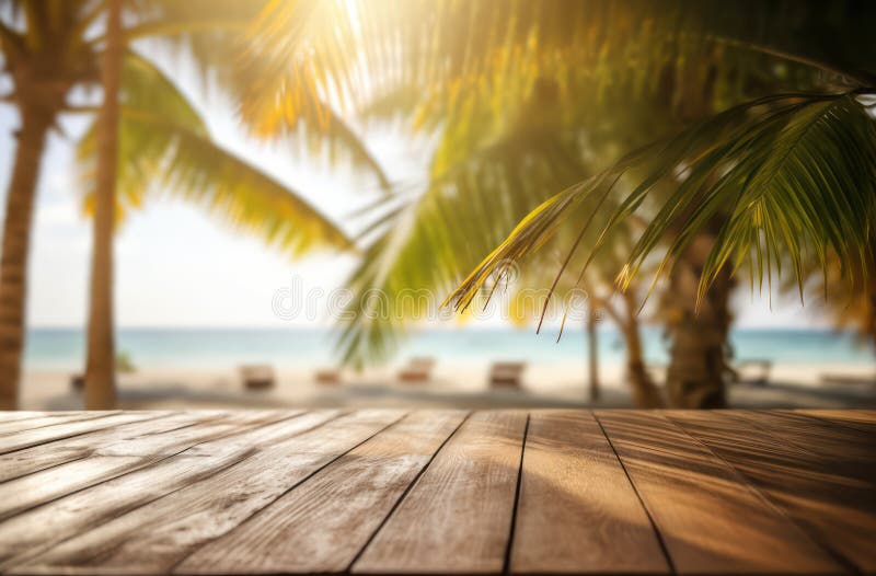 Empty Wooden Table on Blurred Tropical Beach Background Stock ...