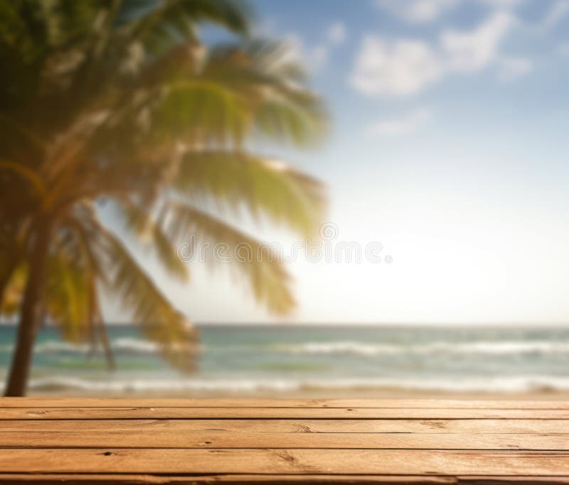 Empty Wooden Table on Blurred Tropical Beach Background Stock ...
