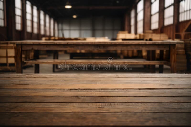 Empty Wooden Table with Blurred Warehouse Backdrop Stock Photo - Image ...