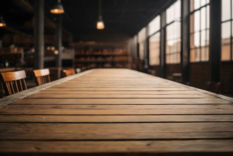 Empty Wooden Table with Blurred Warehouse Backdrop Stock Photo - Image ...