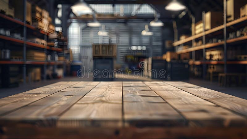 Empty Wooden Table with Blurred Warehouse Background. Industrial ...