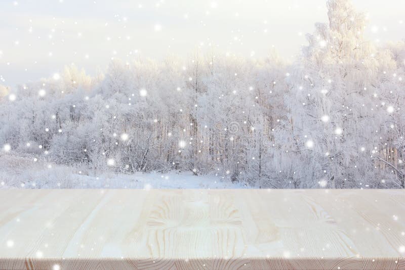 Empty Wooden Table on Blurred Winter Backdrop. Stock Photo - Image of ...