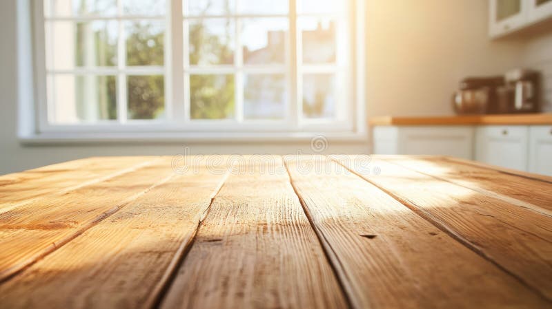 Empty Wooden Table in a Bright Kitchen with Sunlight Shining through ...