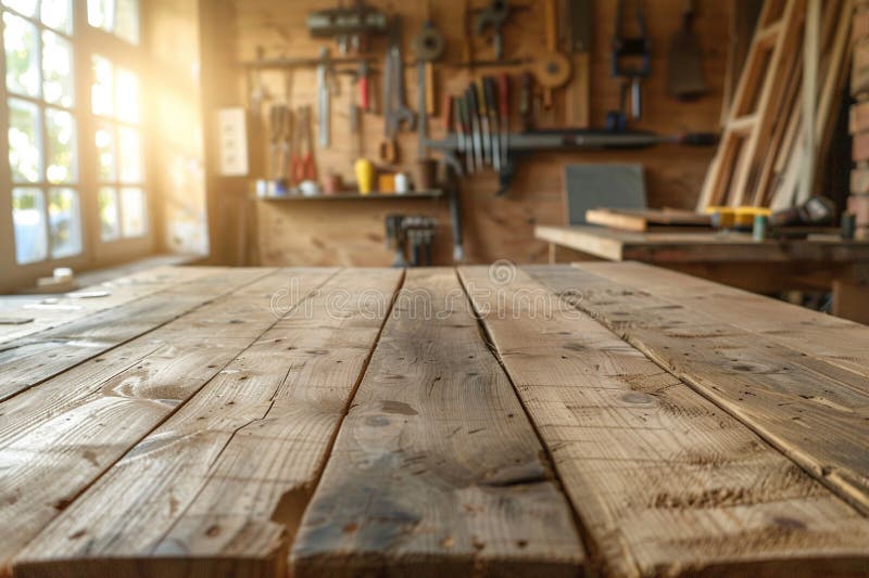 Empty Wooden Table in a Carpenter Workshop with Carpenter S Tools Stock ...