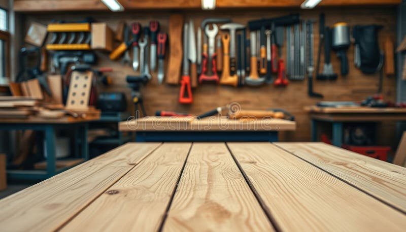 Empty Wooden Table in Carpentry Workshop. Tools Hang on Wall. Blurred ...