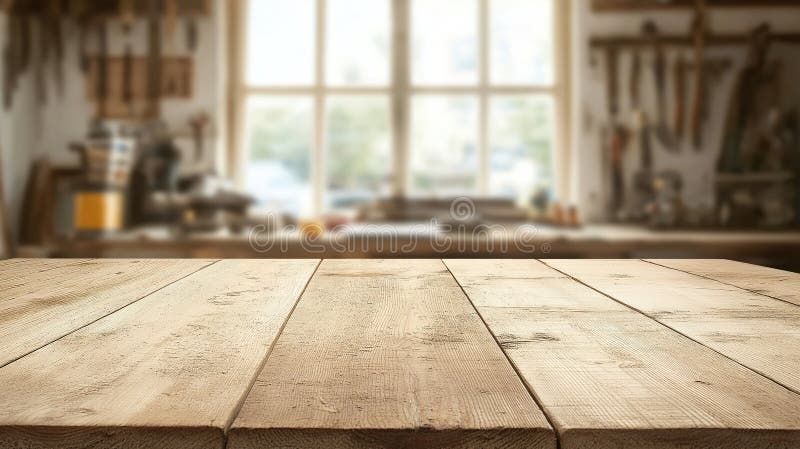 Empty Wooden Table in Carpentry Workshop. Tools on Wall Blurred ...