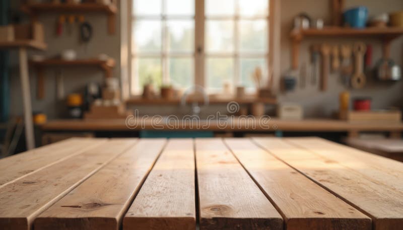 Empty Wooden Table in Carpentry Workshop. Tools on Wall in Blurred ...