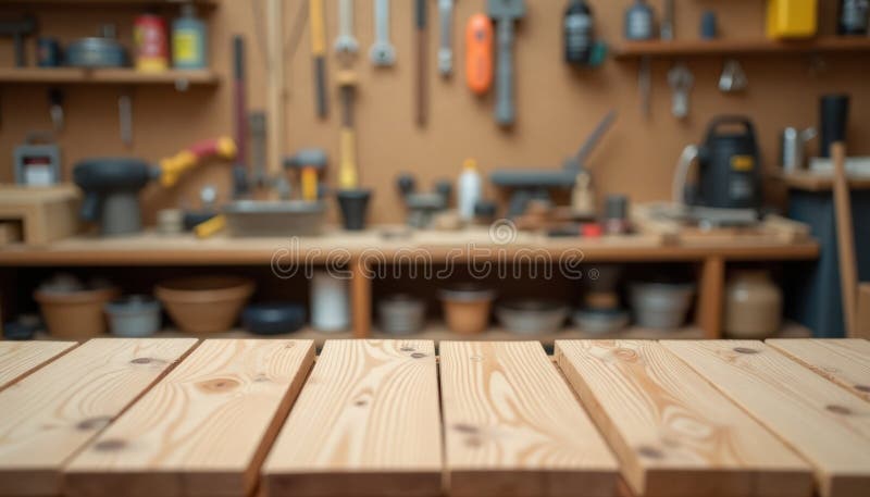 Empty Wooden Table in Carpentry Workshop. Tools on Wall. Carpentry ...