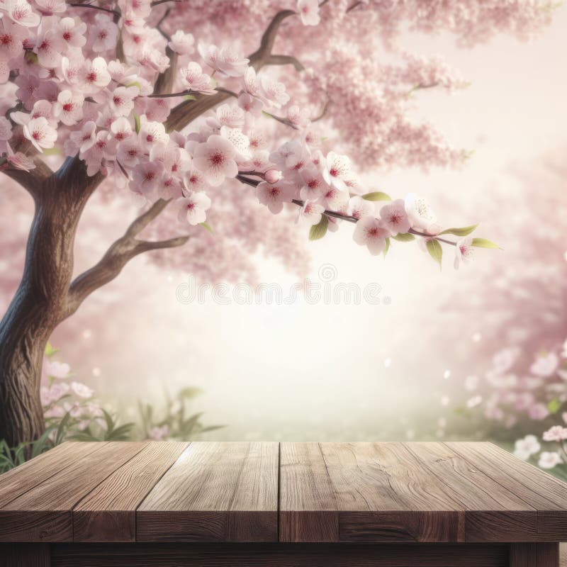 Empty Wooden Table with Cherry Tree Cherry Blossoms Background. Ai ...