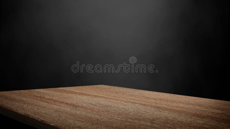 Empty Wooden Table Corner with Smoke Float Up on Dark Black Background ...