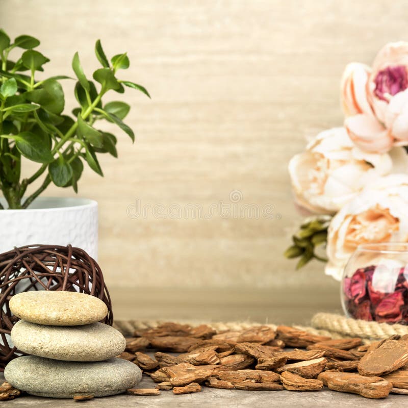 Empty Wooden Table Decorated with Organic Things, Stones, Plants Stock ...