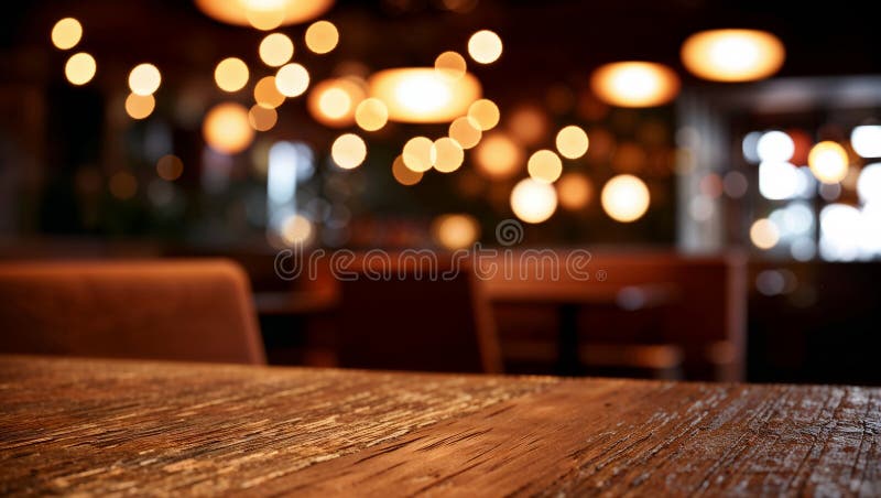 Empty Wooden Table in Dimly Lit Restaurant Atmosphere Stock ...