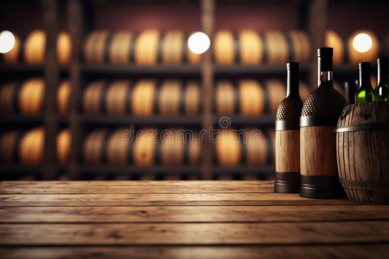 Empty Wooden Table Display with Blurred Wine Cellar Background ...
