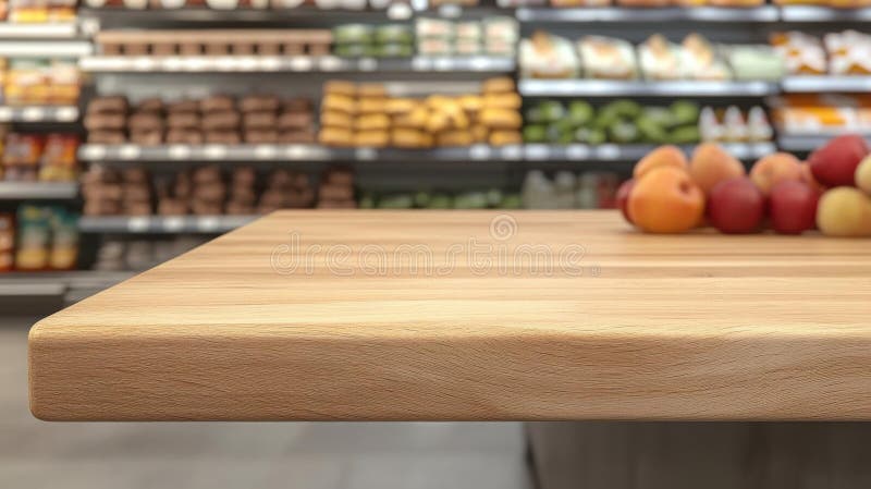 Empty Wooden Table Display with Grocery Store in Background and Theme ...