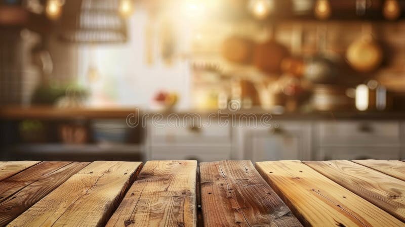Empty Wooden Table Elegantly Displayed on a Softly Blurred Kitchen ...