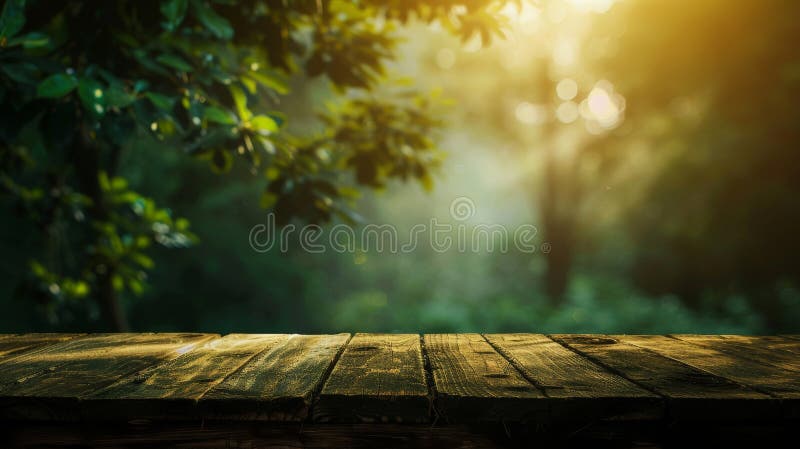 Empty Wooden Table Facing Forest Stock Illustration - Illustration of ...