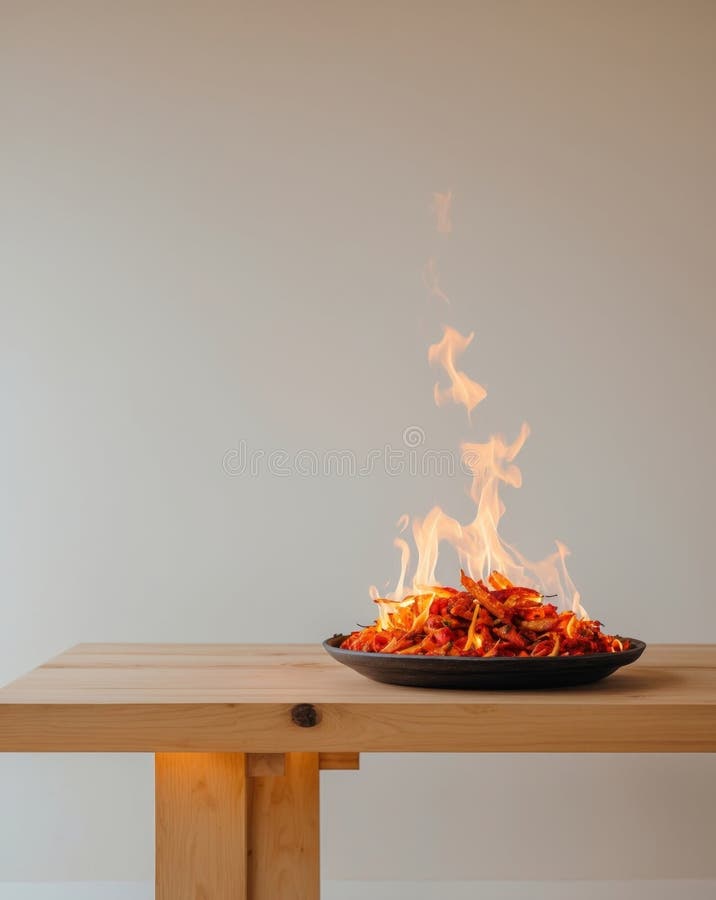 Empty Wooden Table with Fire Accents for Spicy Delights Food Display ...