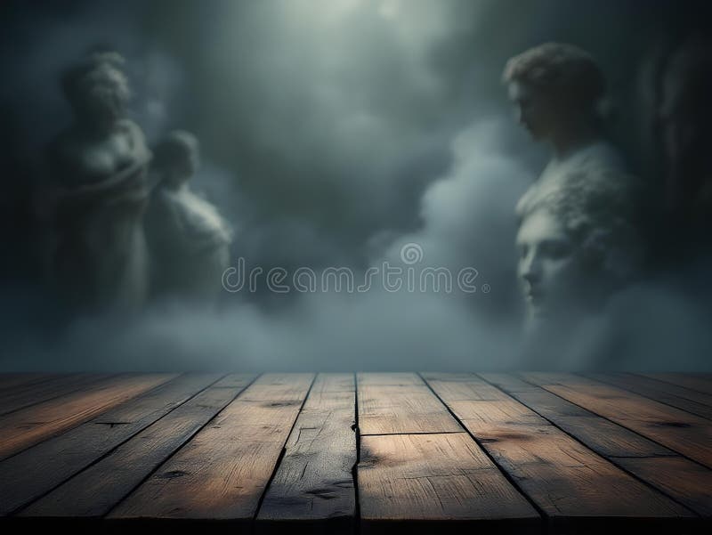 Empty Wooden Table with Mysterious Figures Emerging from Mist ...
