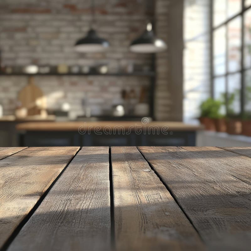 Empty Wooden Table in Front of Abstract Blurred Kitchen Background. for ...