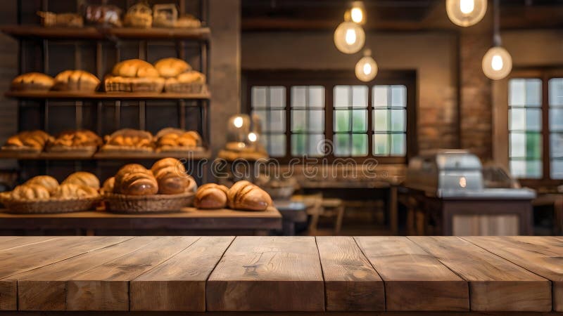 Empty Wooden Table in Front of Bakery Display with Warm Lighting Stock ...