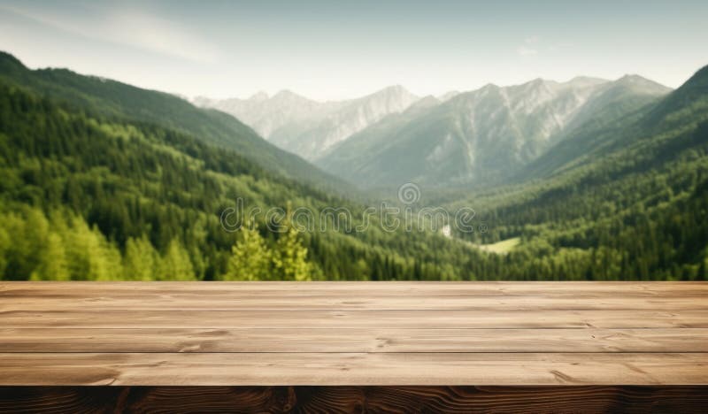 An Empty Wooden Table in Front of a Beautiful Green. Stock Illustration ...
