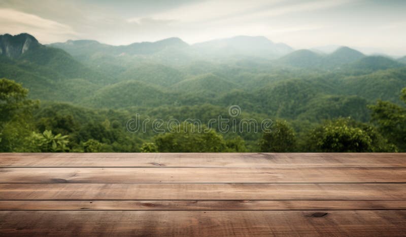 An Empty Wooden Table in Front of a Beautiful Green. Stock Illustration ...