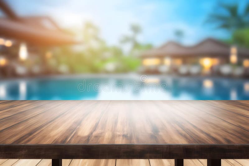 Empty Wooden Table in Front with Blurred Background of Swimming Pool ...