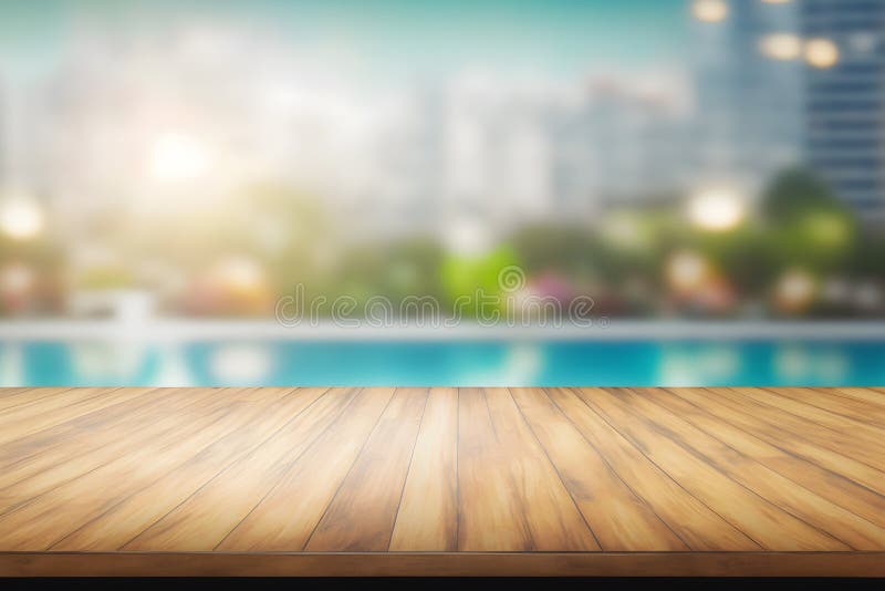 Empty Wooden Table in Front with Blurred Background of Swimming Pool ...