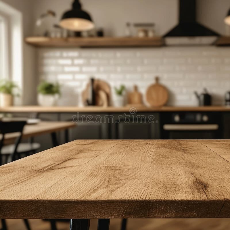 Empty Wooden Table in Front of Blurred Kitchen Background, Product ...