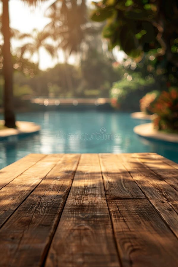 An Empty Wooden Table in Front of a Blurred Pool Resort Art, Setting an ...