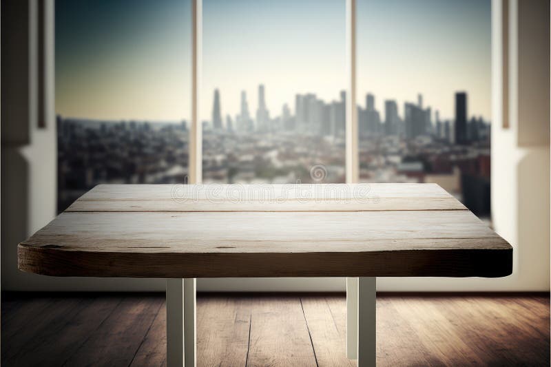 Empty Wooden Table in Front of Blurry Overlooking through Large Window ...