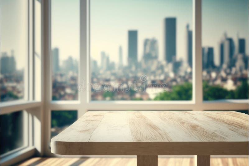 Empty Wooden Table in Front of Blurry Overlooking through Large Window ...
