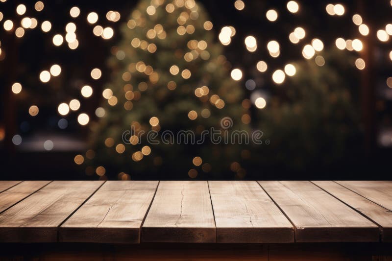 Empty Wooden Table in Front of Christmas Green Tree Stock Illustration ...