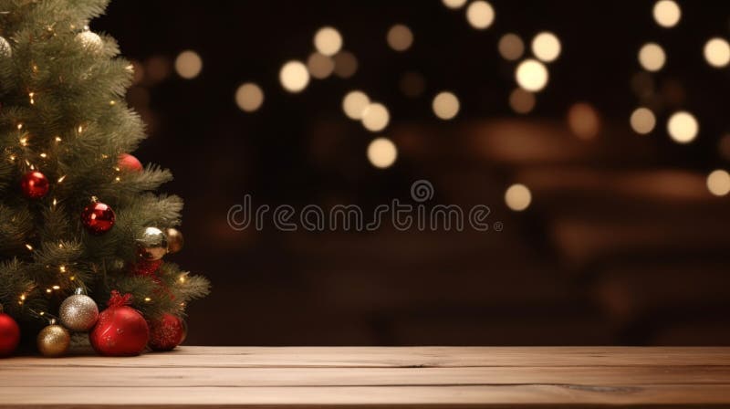 Empty Wooden Table in Front of Christmas Tree. Space for Text Stock ...