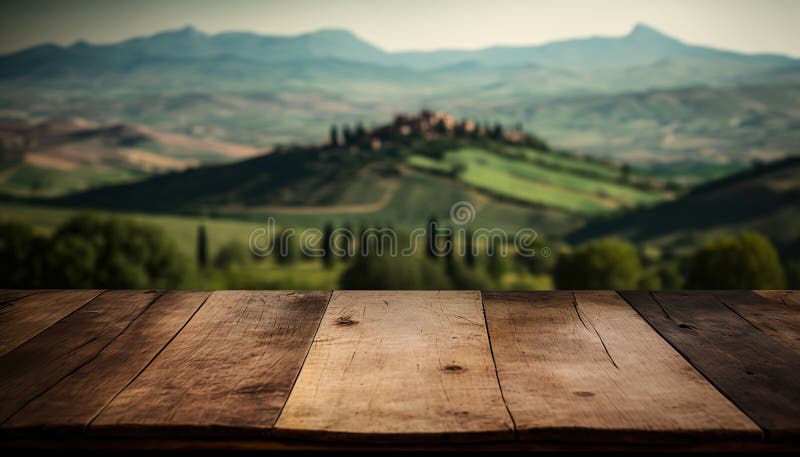 Empty Wooden Table in Front of Green Hills and Trees Landscape ...