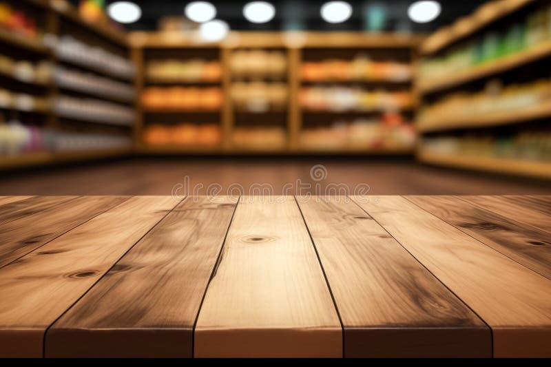 An Empty Wooden Table in Front of Grocery Store. Generative AI Stock ...