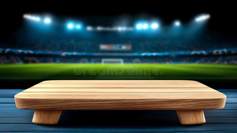 Empty Wooden Table in Front of Illuminated Soccer Stadium at Night ...