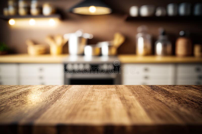 An Empty Wooden Table in Front of Kitchen. Generative AI Stock ...