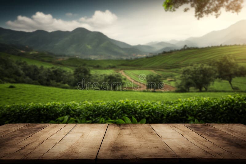 Empty Wooden Table in Front of Tea Plantation Background Stock ...